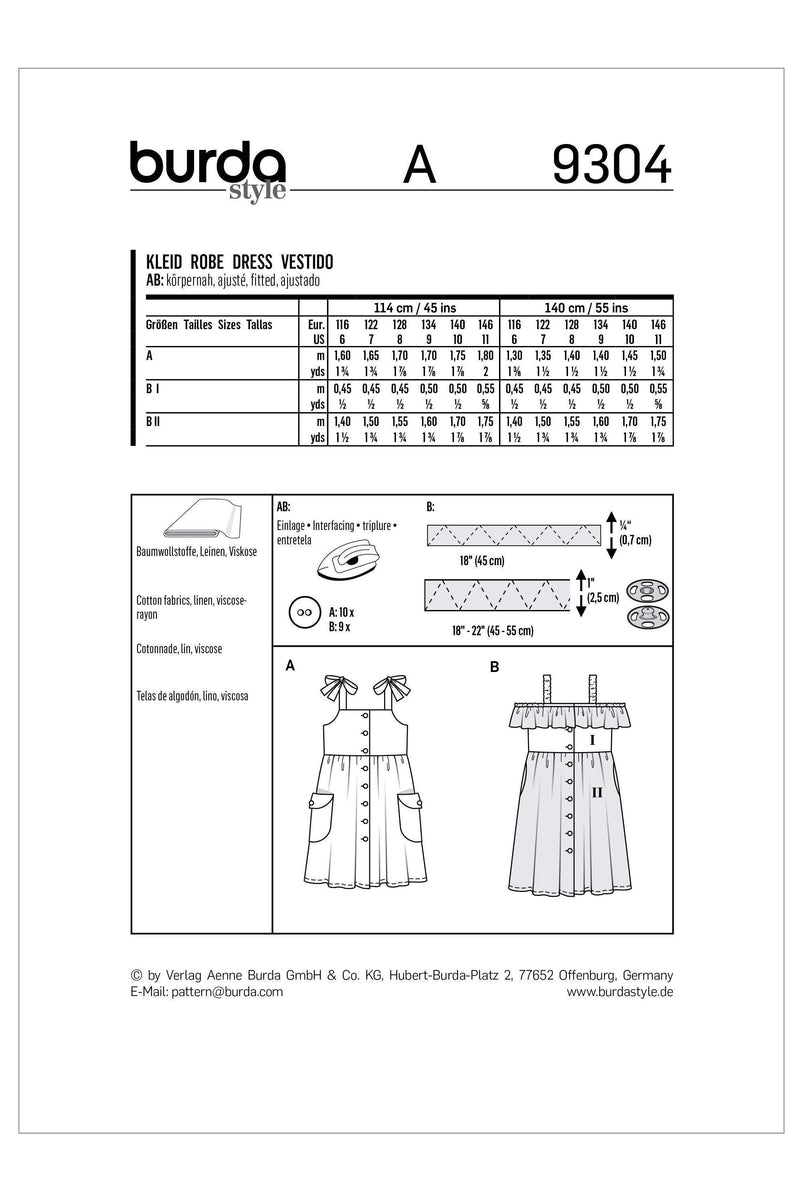 Burda - 9304 Pinafore Dress with Front Button Fastening and Gathered S ...